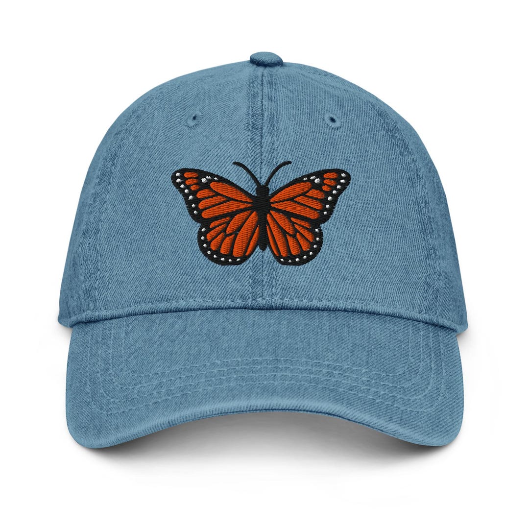 Monarch Butterfly Embroidered Denim Hat: Adjustable Cotton Baseball Cap ...
