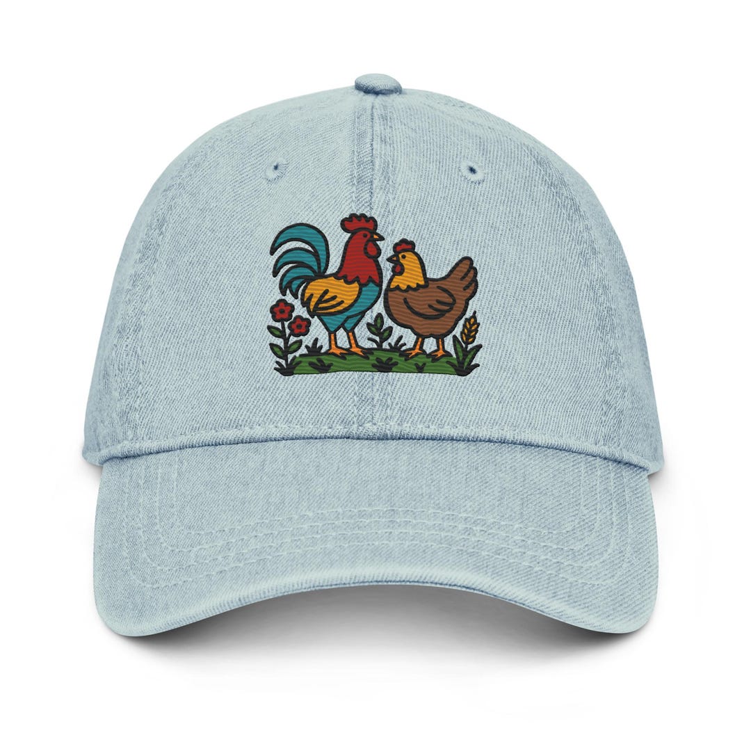 Rooster and Hen Embroidered Denim Hat: Adjustable Cotton Baseball Cap ...