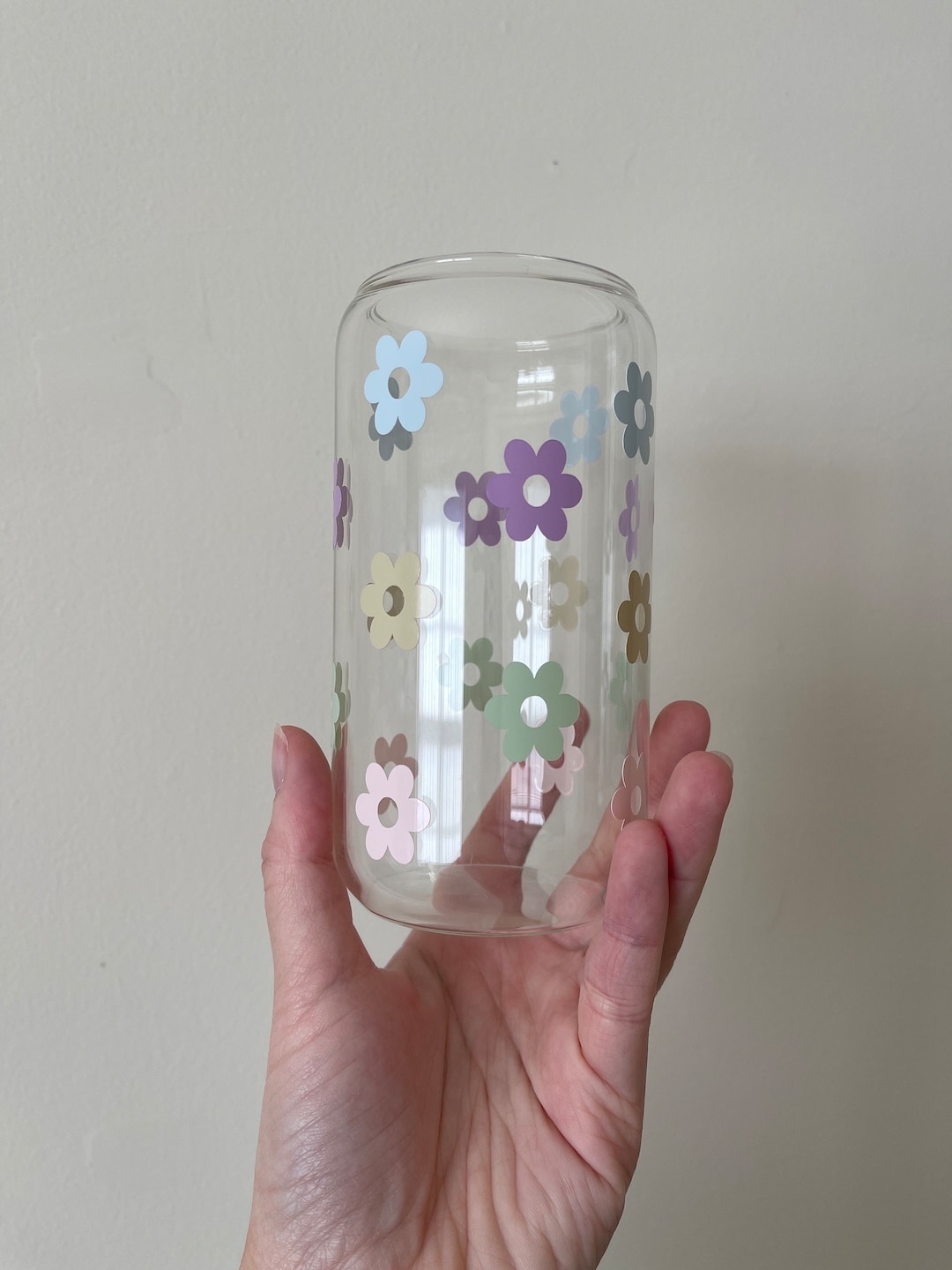 Multicolored Pastel Retro Daisy Glass Cup / Flower Glass Cup / Spring ...