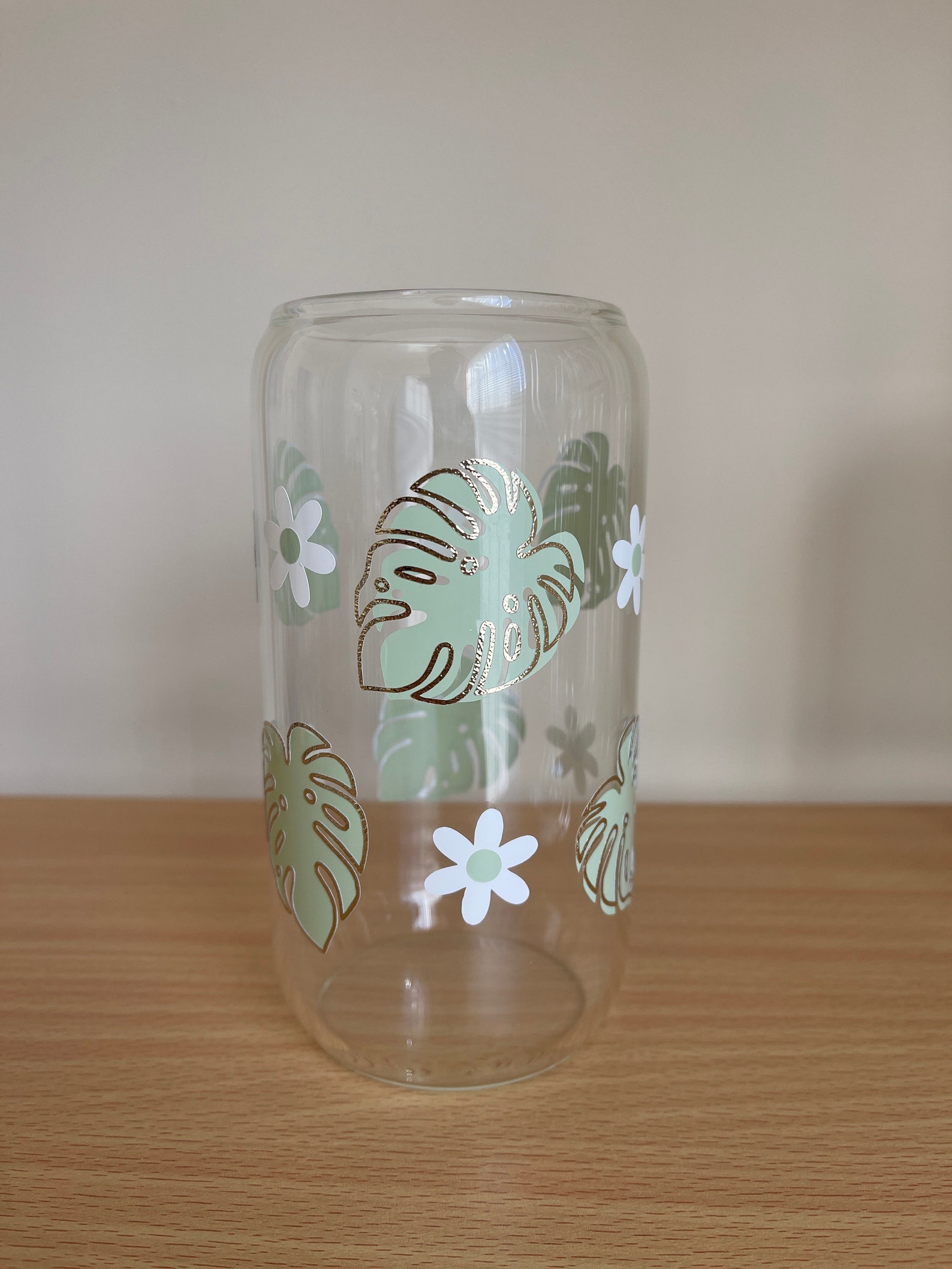 Beige Green Monstera Daisy Leaf Plant Glass Cup / Flower Glass Cup ...
