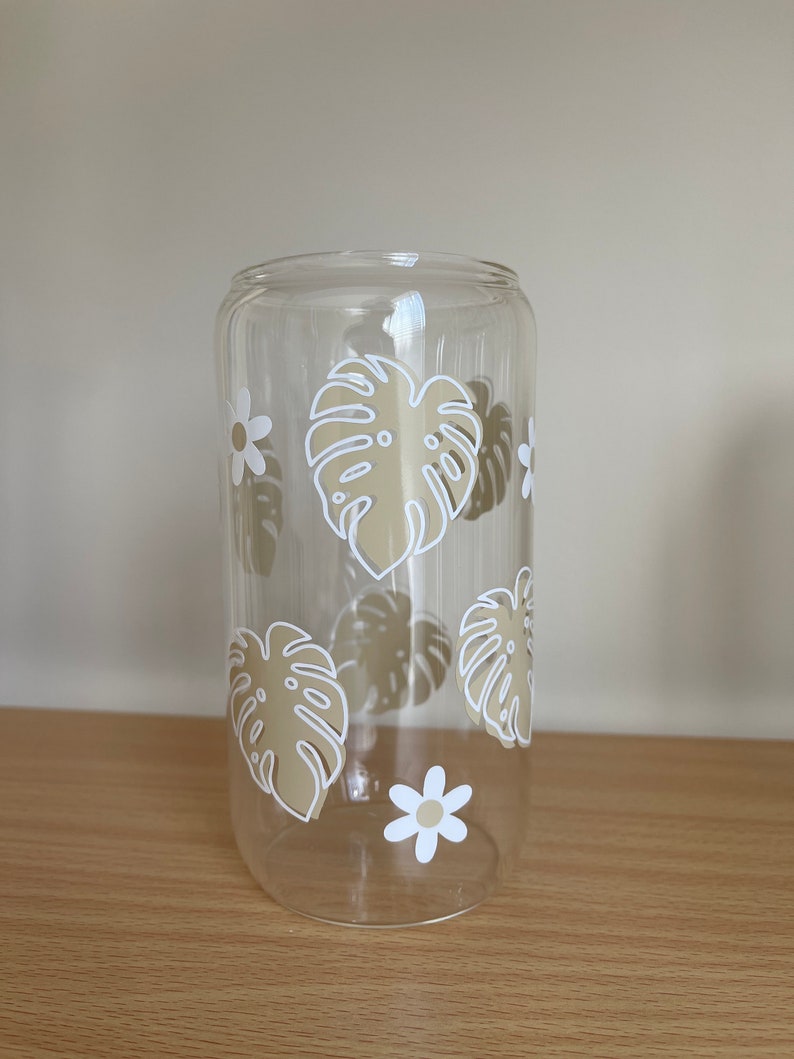 Beige Green Monstera Daisy Leaf Plant Glass Cup / Flower Glass Cup ...