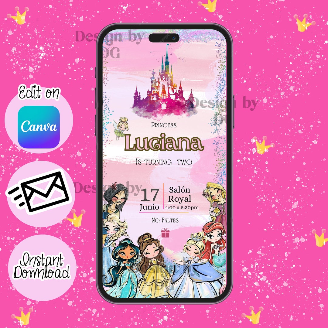 Canva Template Editable Digital Princess Invitation, Pink Princess ...