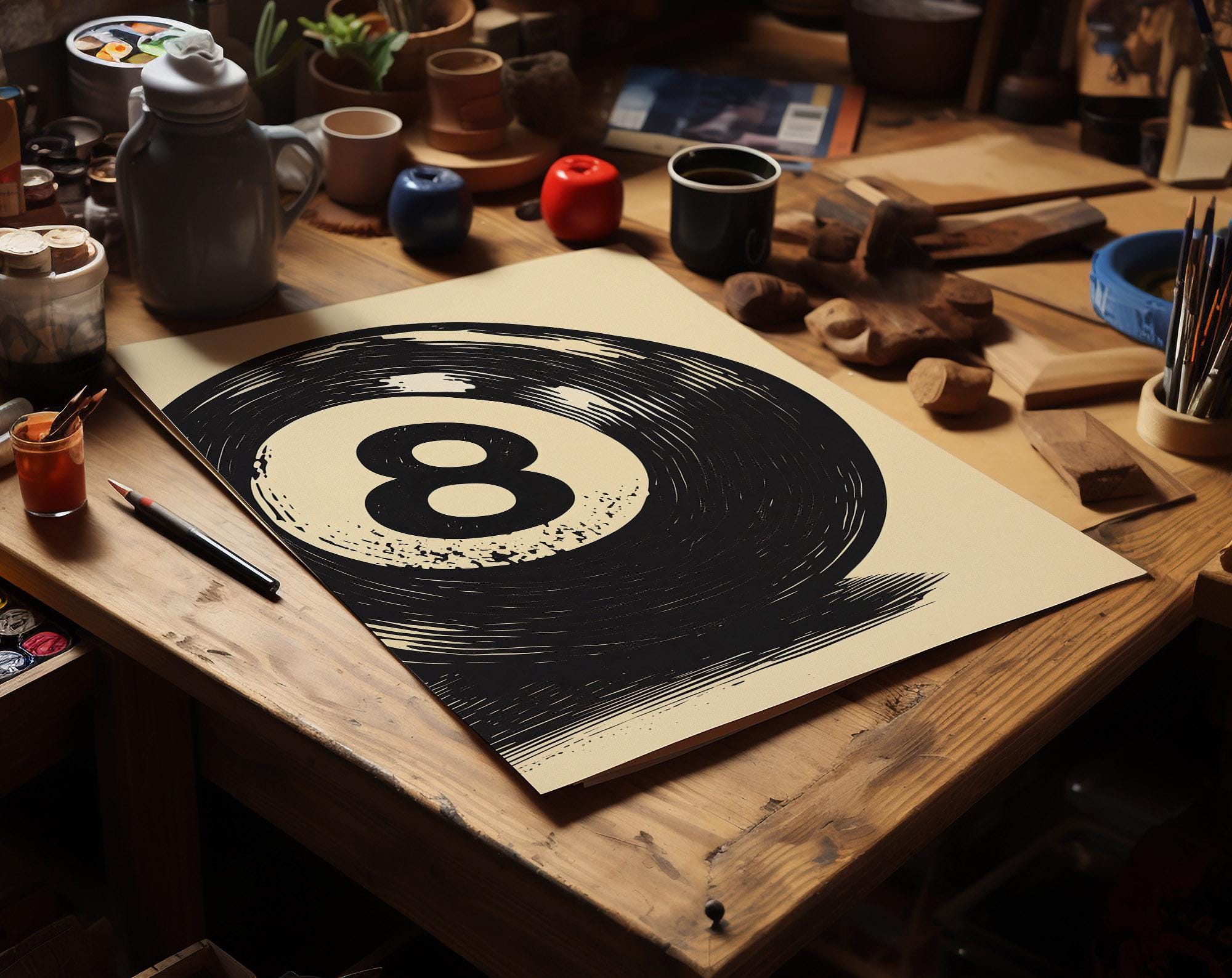 Lucky Number 8 Ball, Vintage Wall Art, Retro Game Room Decor,magic ...