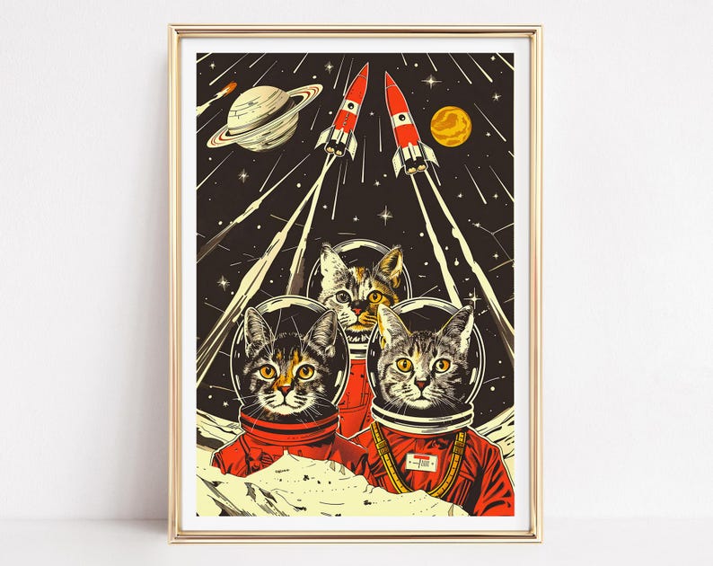 Retro Space Cats Print, Vintage Wall Art, Art Decor, Trendy Prints for ...