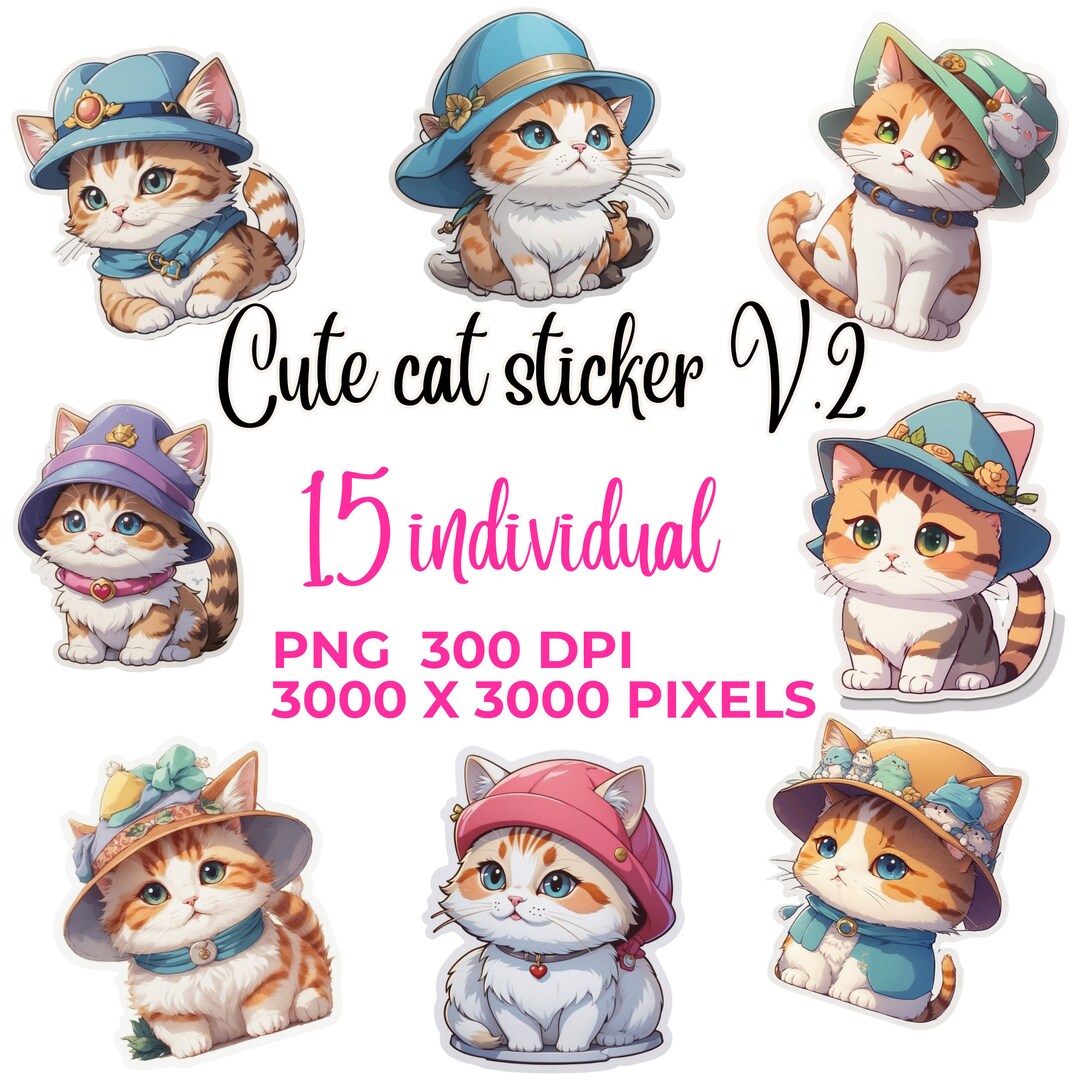 Cute Cat With Hat Stickers, Kawaii PNG Clipart (digital Download) - Etsy