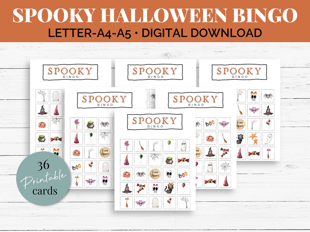 36 Unique Cards | Kids Halloween Bingo Game | Spooky Bingo | Halloween ...