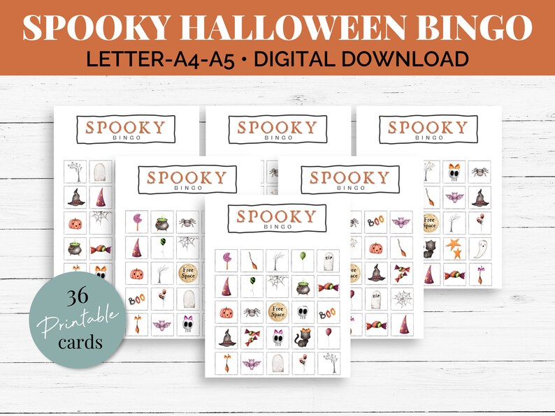 36 Unique Cards Kids Halloween Bingo Game Spooky Bingo - Etsy