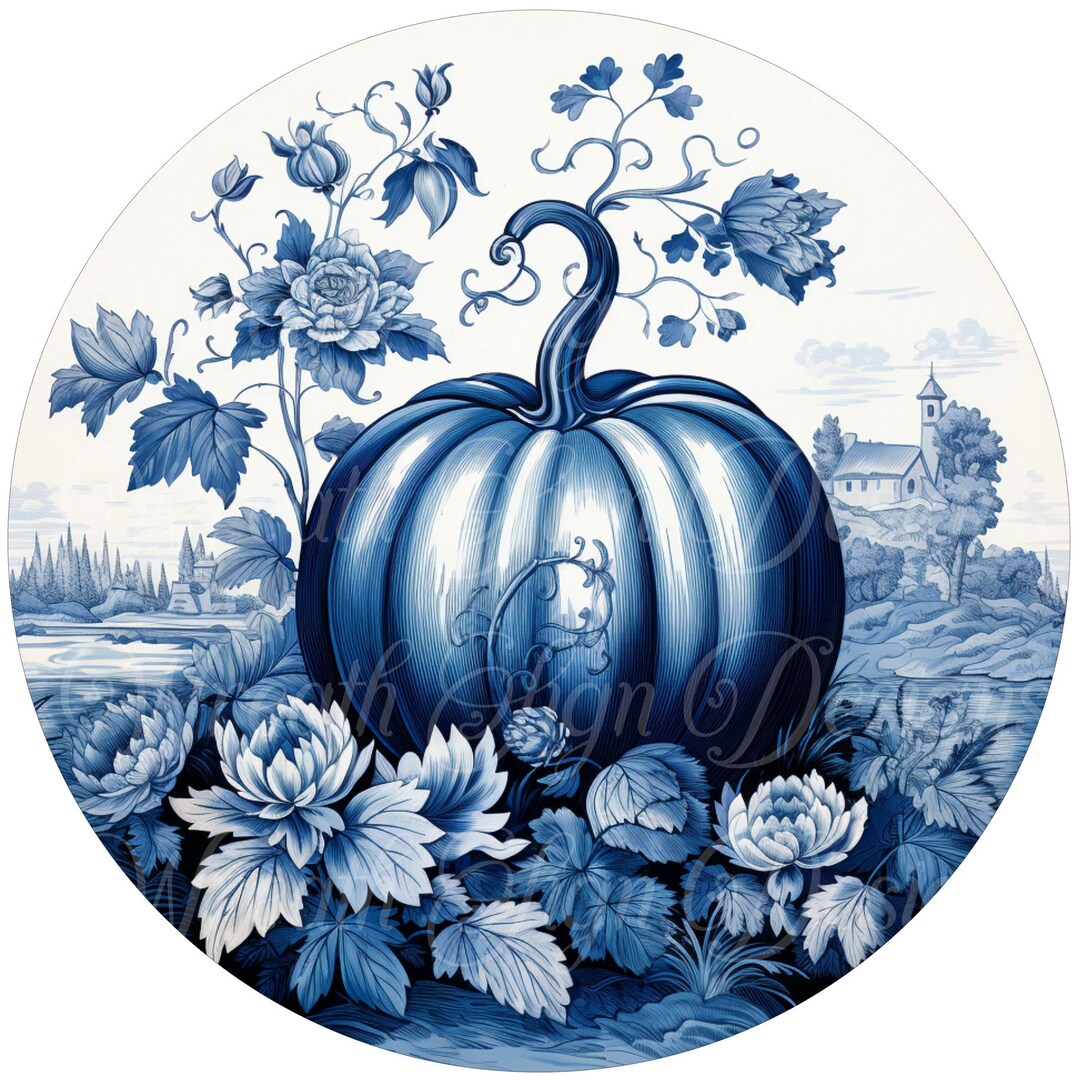 Blue Toil Pumpkin, Blue and White Digital Pumpkin Sign Digital, Wreath ...