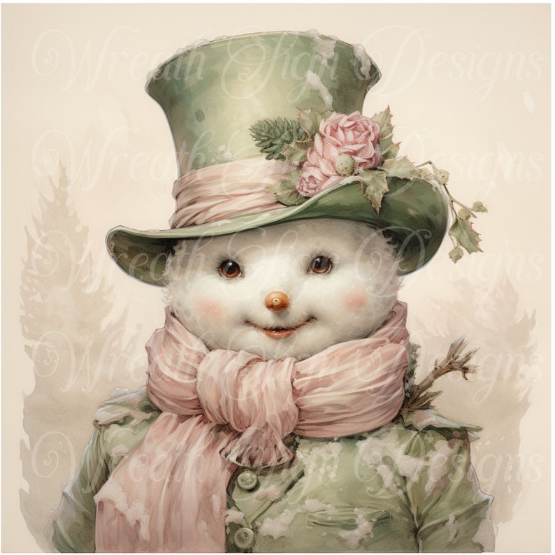Digital Pink Snowman Victorian Pastel Snowman Christmas - Etsy