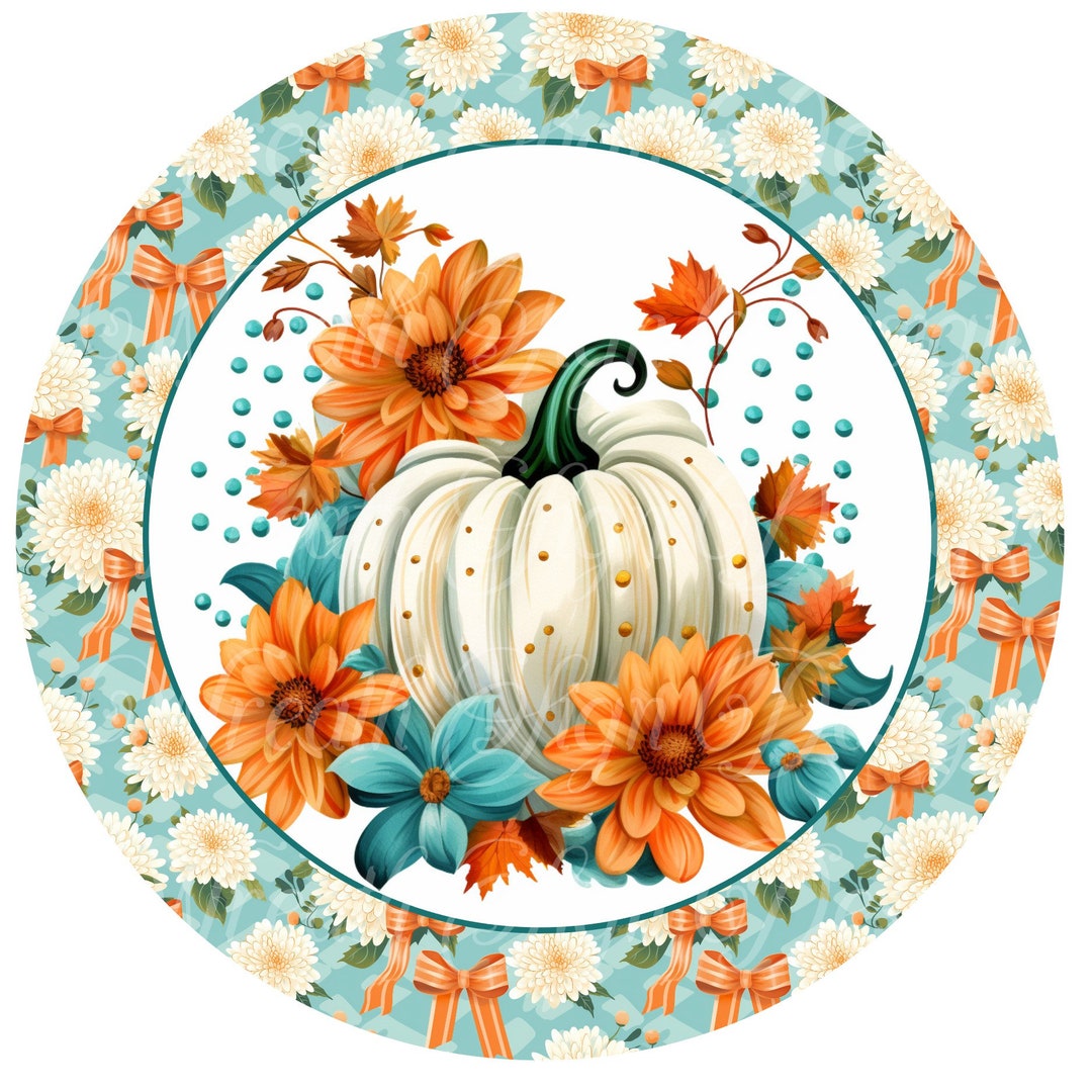 Teal and Orange Pumpkins With Fall Flowers Digital Wreath - Etsy