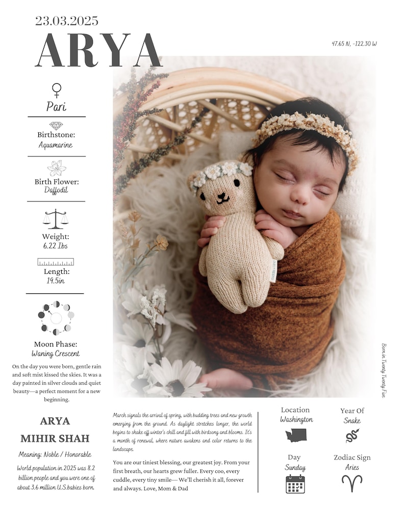 Personalized Baby Birth Stats Print | Newborn Keepsake Art (digital ...