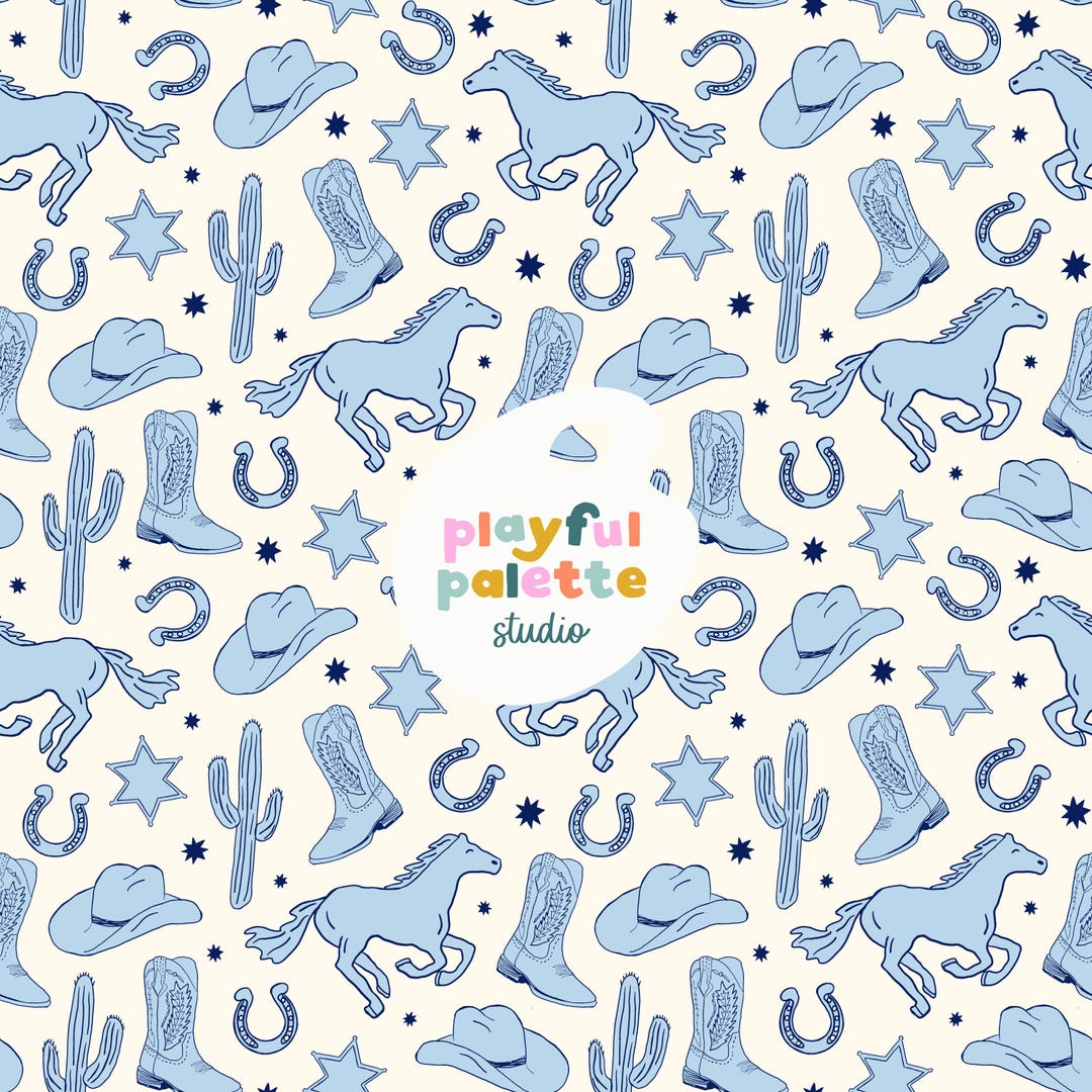 Cowboy Western Seamless Pattern, Blue Wild West Repeat Pattern, Surface ...