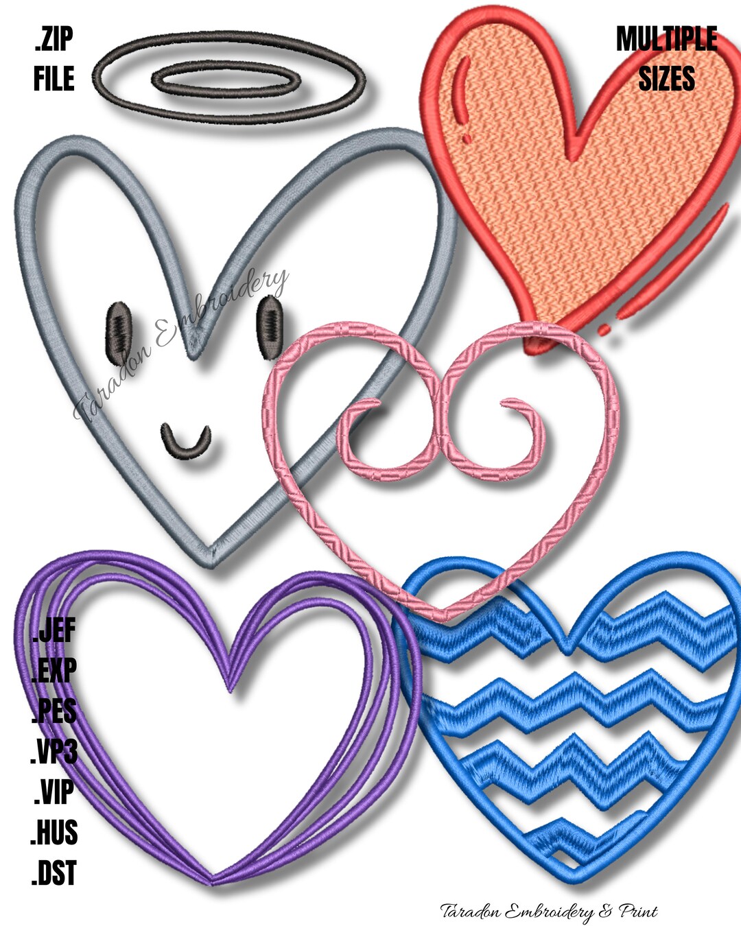 Doodle Hearts Machine Embroidery Designs: Vibrant 5-pack (digital ...