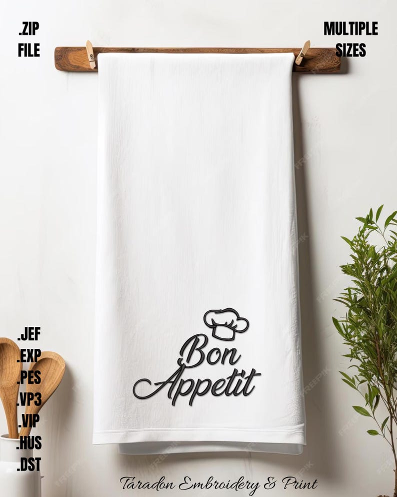 Bon Appétit Embroidery Design: Elegant Script, Chef Hat (digital ...