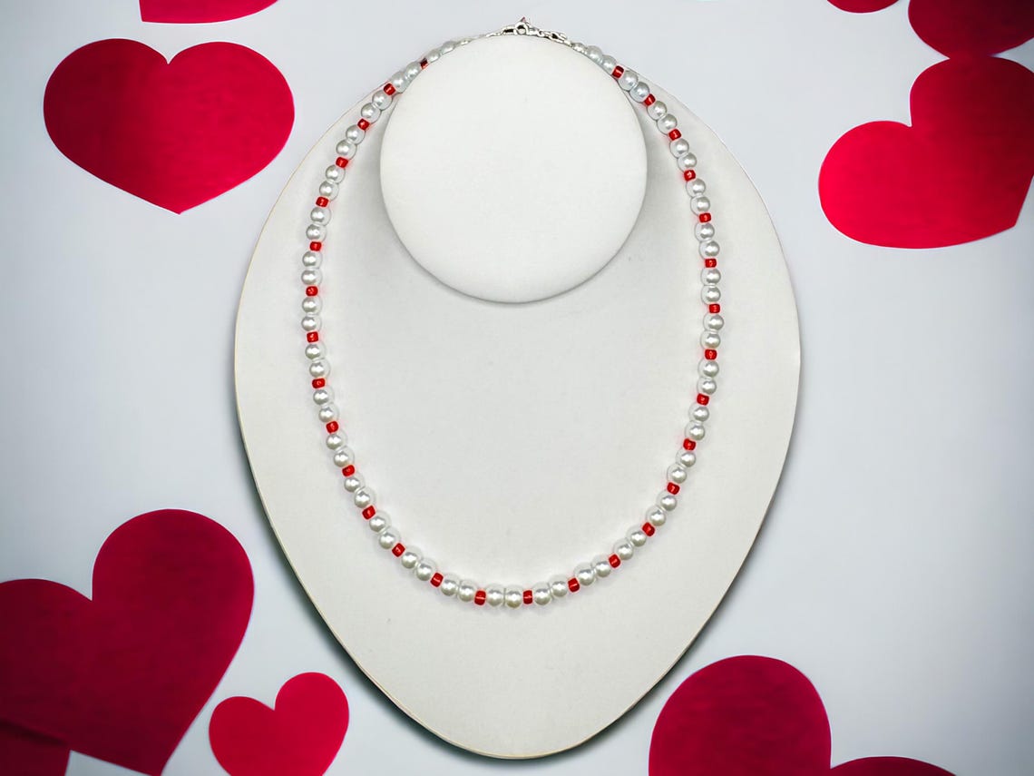 Hope - Pearl and Red Beaded Necklace - Etsy