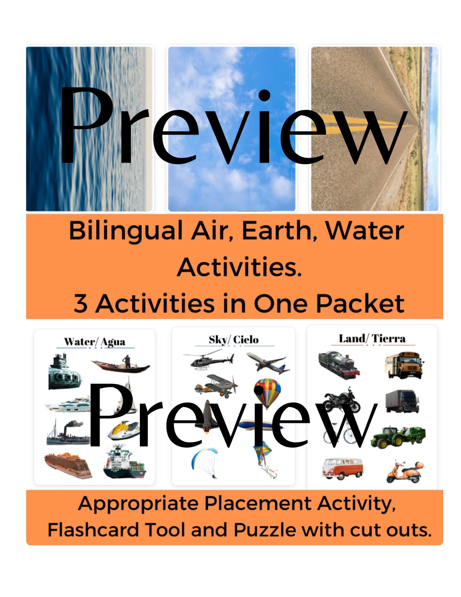 Bilingual Land, Air, Water Activity With Flashcards and Puzzle - Etsy