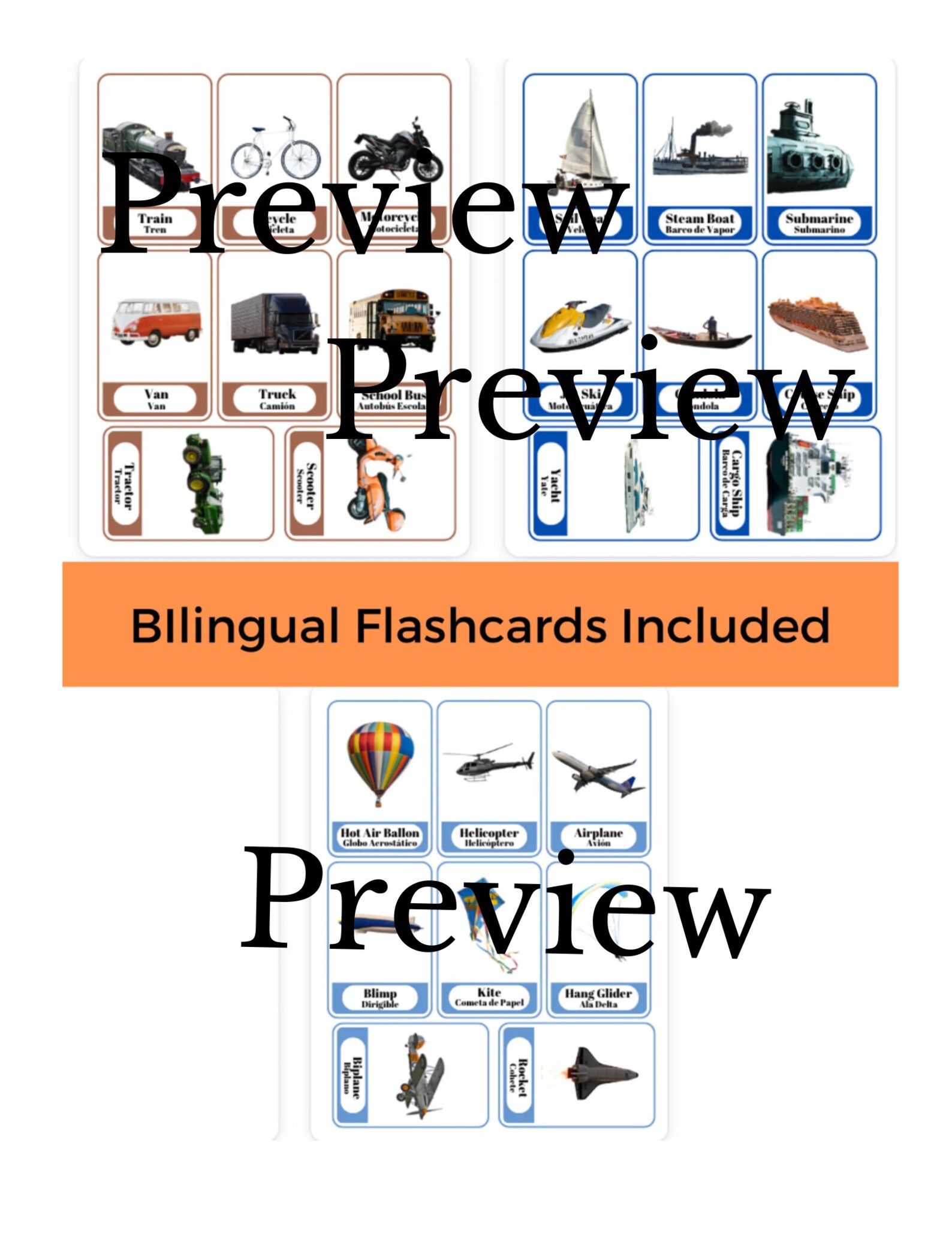 Bilingual Land, Air, Water Activity With Flashcards and Puzzle - Etsy