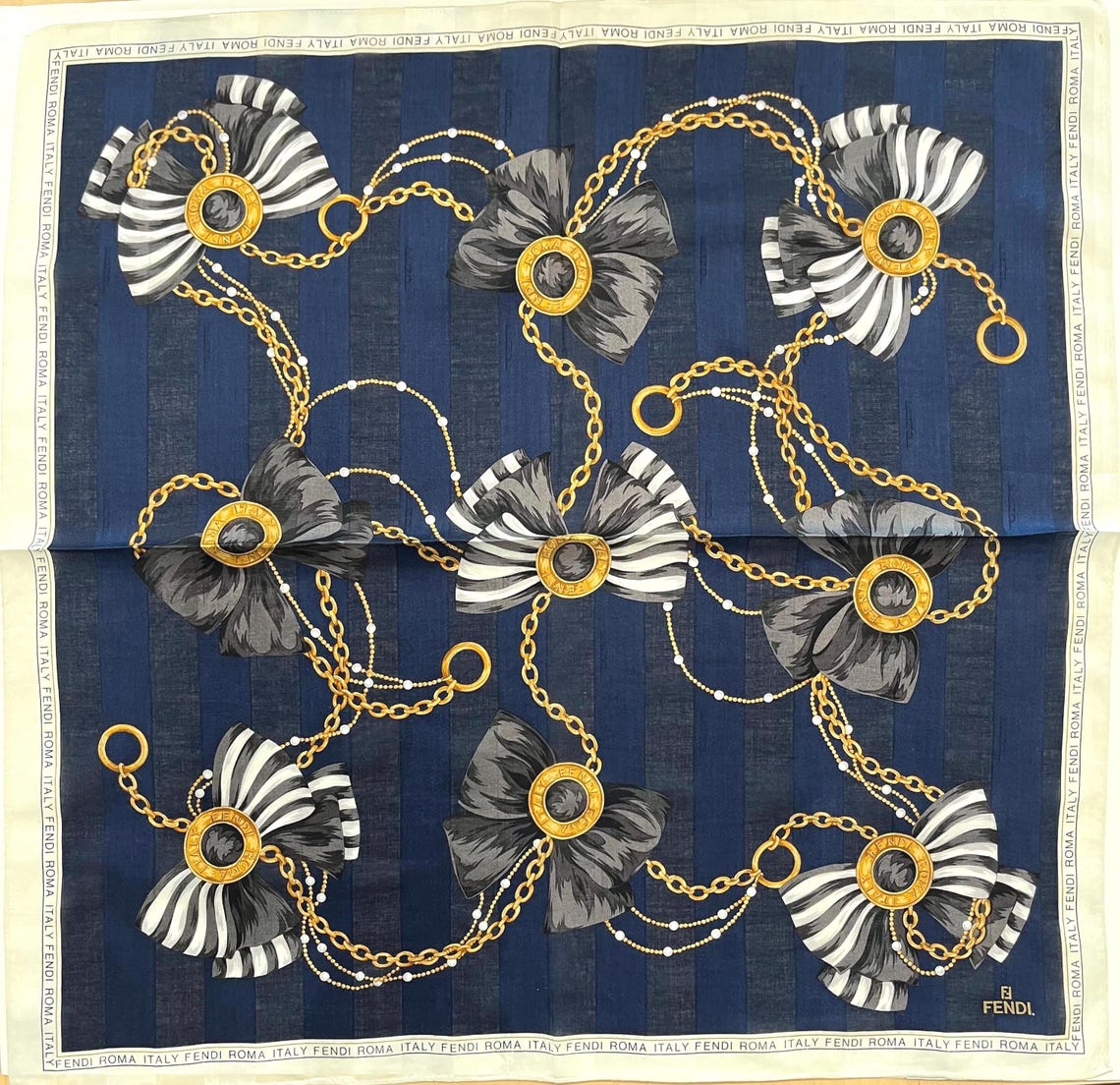 Vintage Handkerchief FENDI Ribbin Coin Blue Cotton Square Bandana Scarf ...