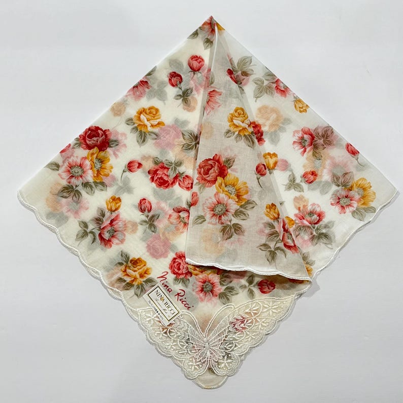 Handkerchief Vintage Women Art Pink Floral White Cotton Butterfly Lace ...