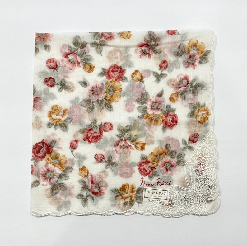 Handkerchief Vintage Women Art Pink Floral White Cotton Butterfly Lace ...