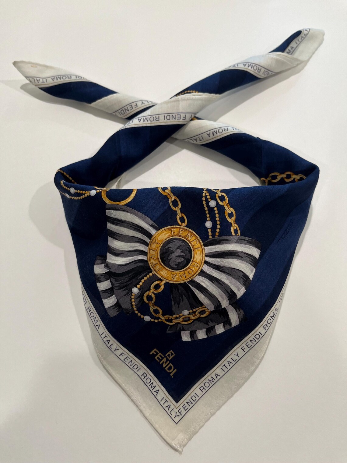 Vintage Handkerchief FENDI Ribbin Coin Blue Cotton Square Bandana Scarf ...