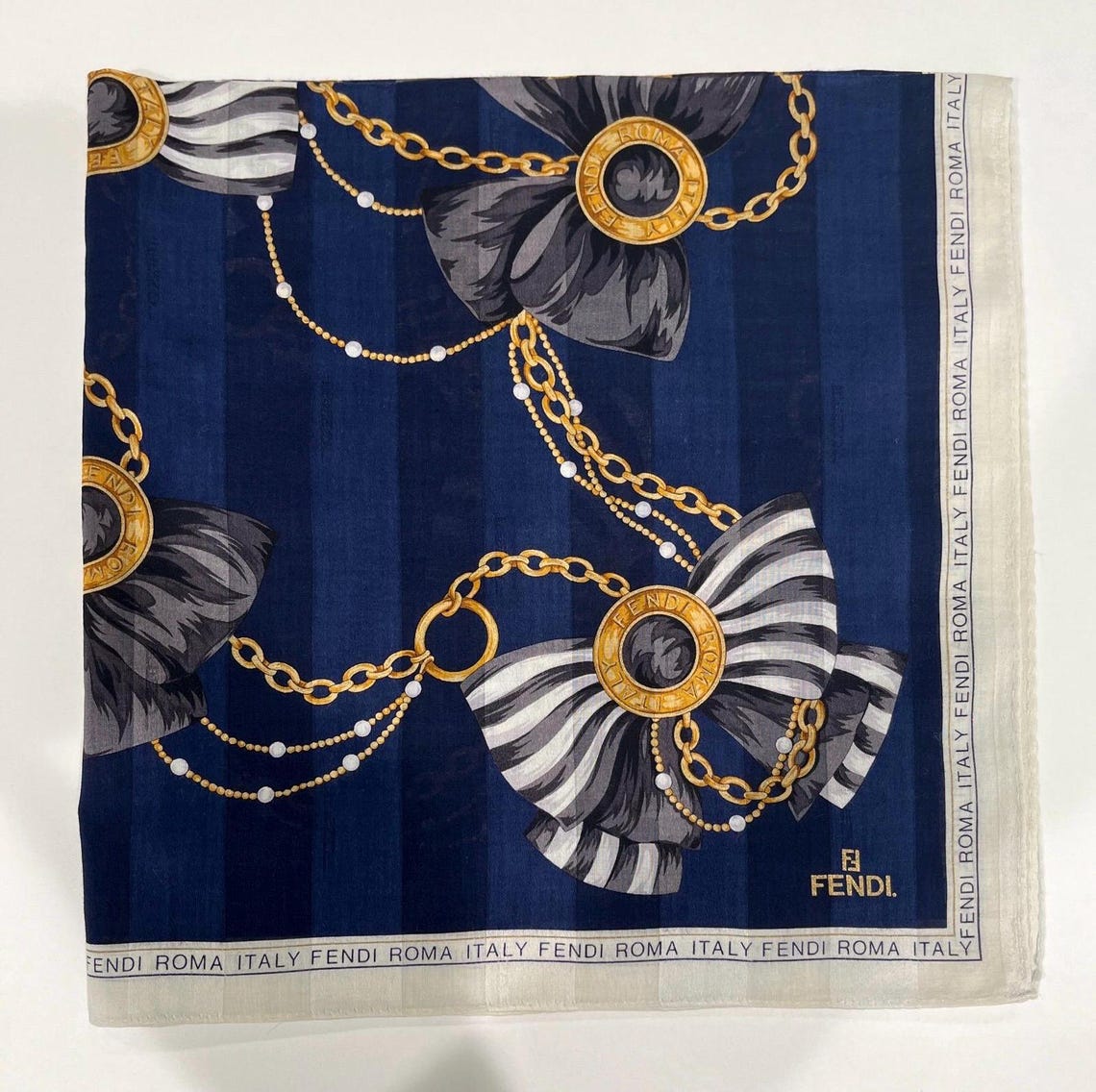 Vintage Handkerchief FENDI Ribbin Coin Blue Cotton Square Bandana Scarf ...