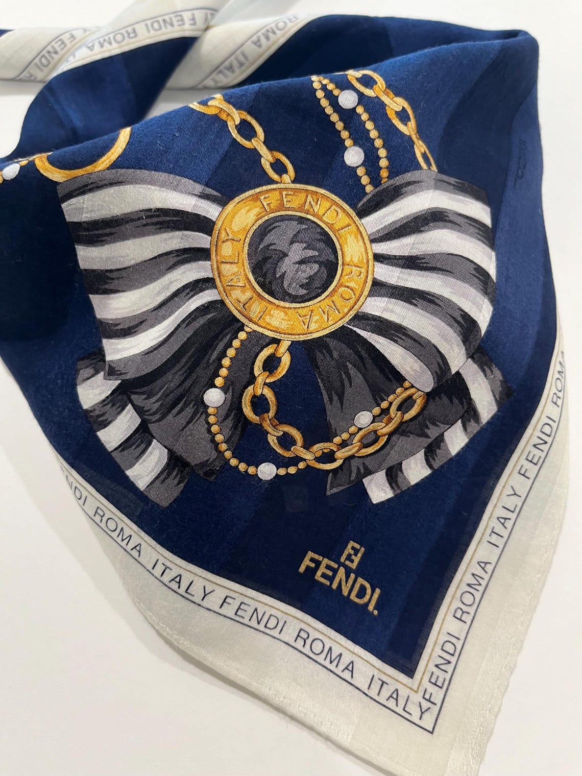 Vintage Handkerchief FENDI Ribbin Coin Blue Cotton Square Bandana Scarf ...