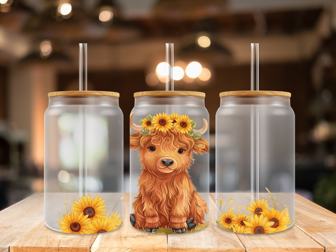 3+ Sunflowers Highland Cow 16oz Wrap PNG, Summer Flowers Frosted Glass ...