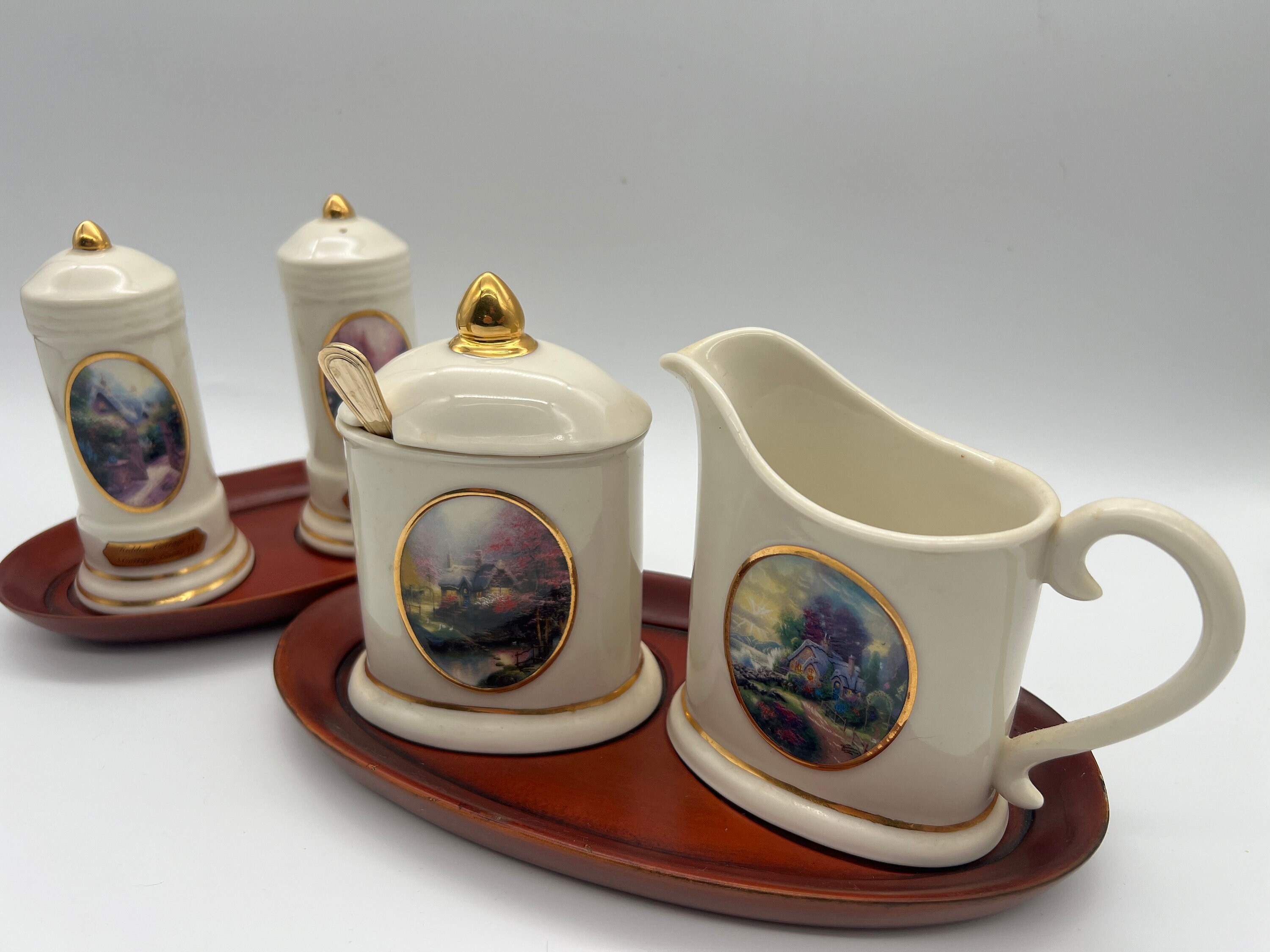 Thomas Kinkade Avon China Cream and Sugar Salt Pepper Set on Wooden ...