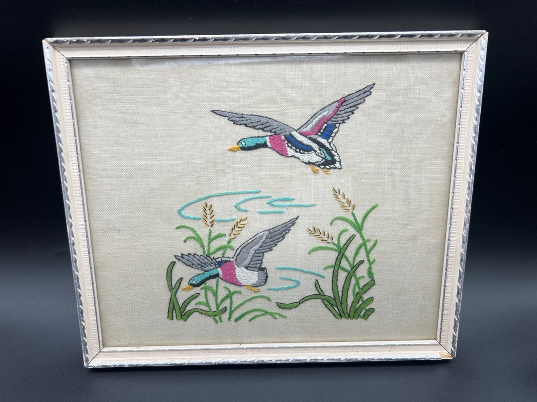 Vintage Needlepoint Framed Art of Two Ducks in Flight - Etsy