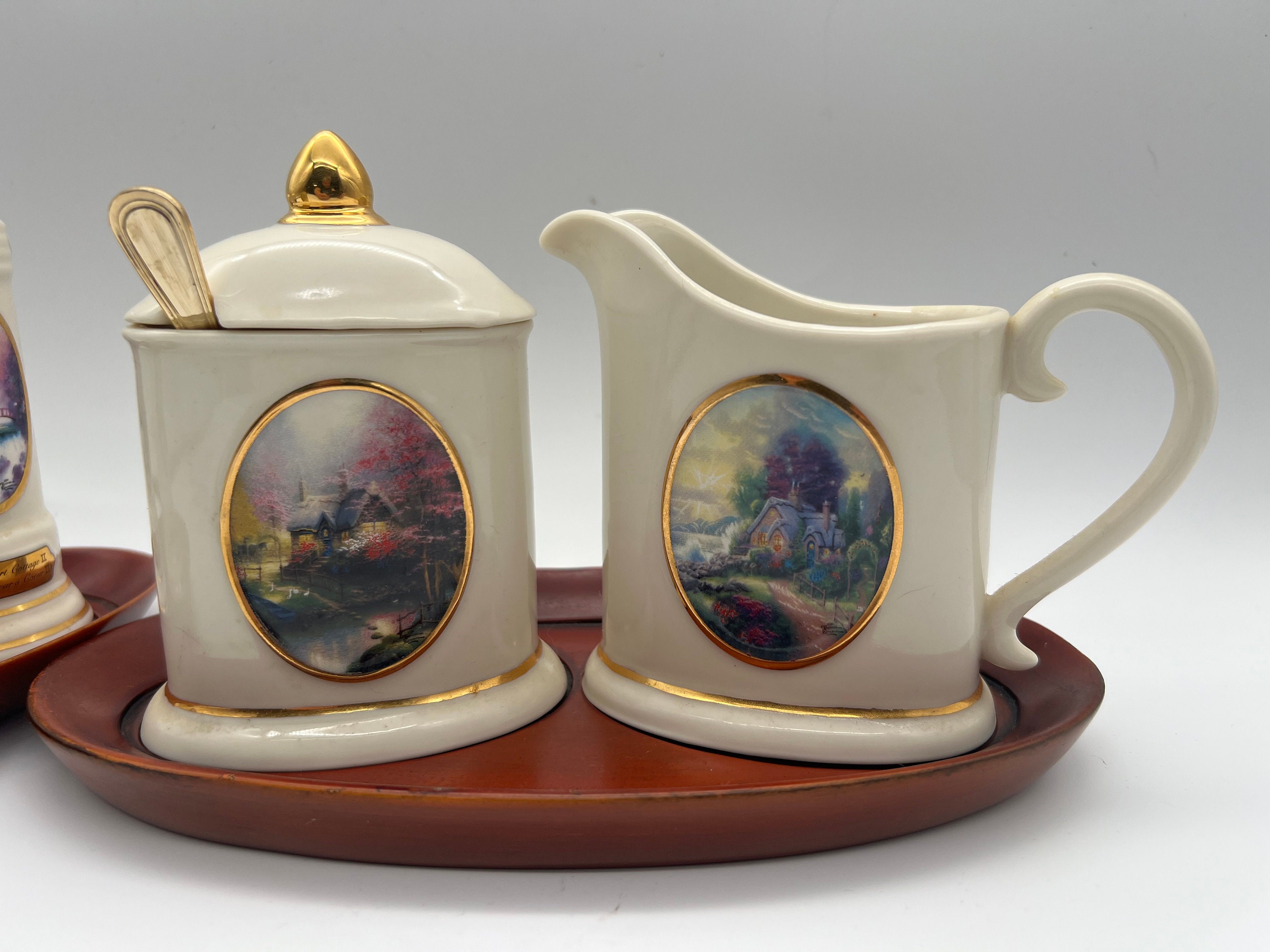 Thomas Kinkade Avon China Cream and Sugar Salt Pepper Set on Wooden ...
