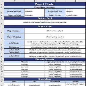 Project Charter Template in Excel - Etsy