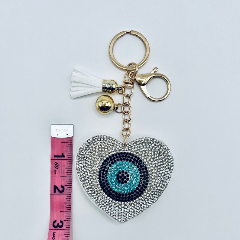 White Heart, Evil Eye Keychain, Good Luck Charm, Rhinestone Eye Keychain, Rhinestone Heart ...