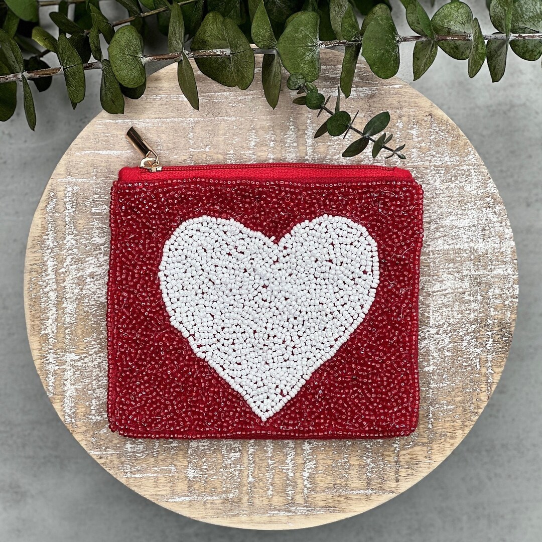 Red Seed Beaded Pouch Mini Red Bag White Heart Mini Pouch Valentine’s ...