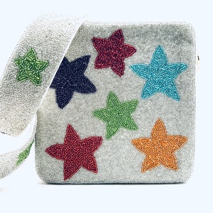 Colorful Star Seed Beaded Square Bag With Removable Strap, Beaded Bag ...