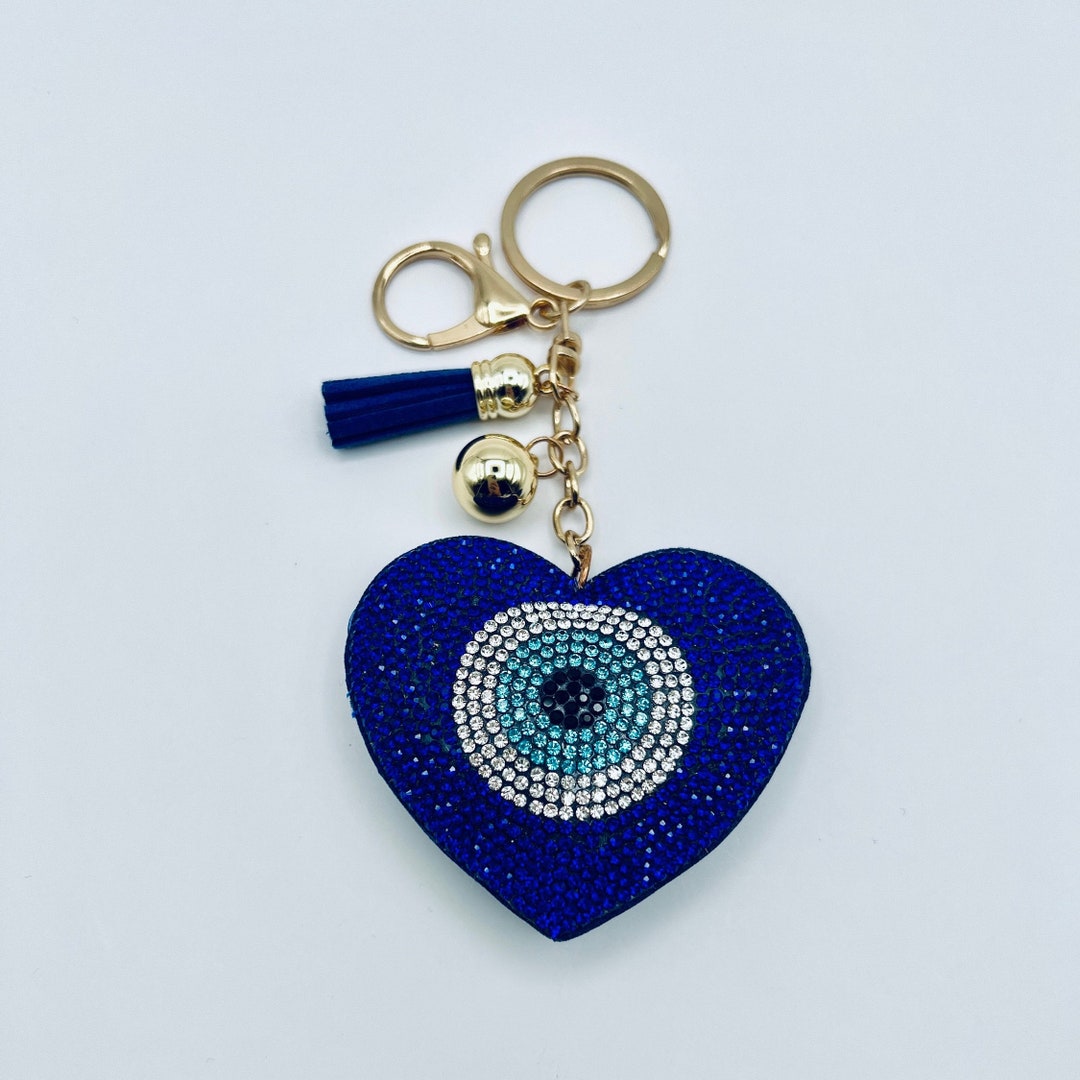 Blue Heart Evil Eye Keychain, Good Luck Charm, Rhinestone Eye Keychain ...