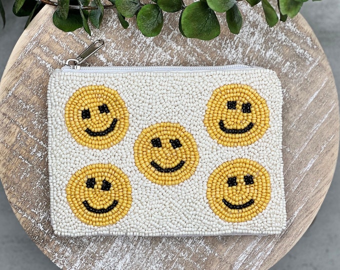 Seed Bead Yellow Smiley Face Pouch, Beaded Coin Purse, Mini Pouch, Seed ...