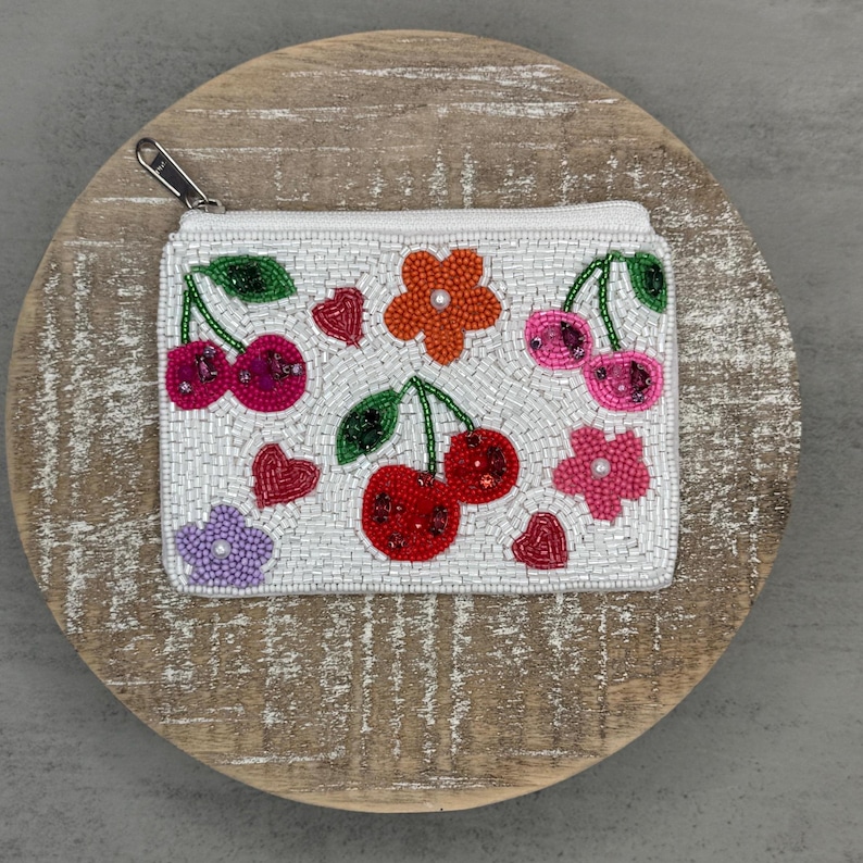 Cherry and Flower Bag, Cherry Seed Beaded Pouch, Mini Card Holder, Gift ...