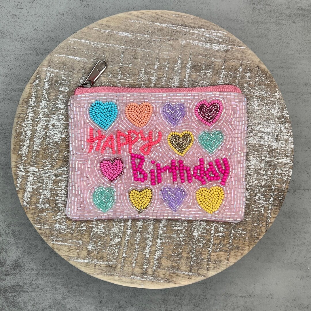 Pink Happy Birthday Mini Pouch With Zipper, Pink Coin Purse, Gift Card ...