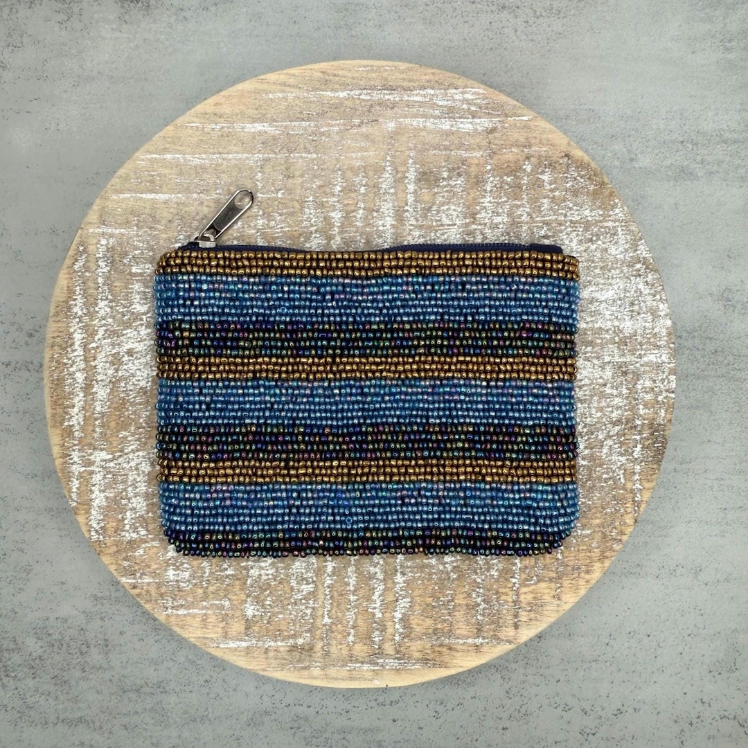 Navy Blue and Gold Seed Beaded Pouch, Mini Blue Bag, Small Wallet, Blue ...