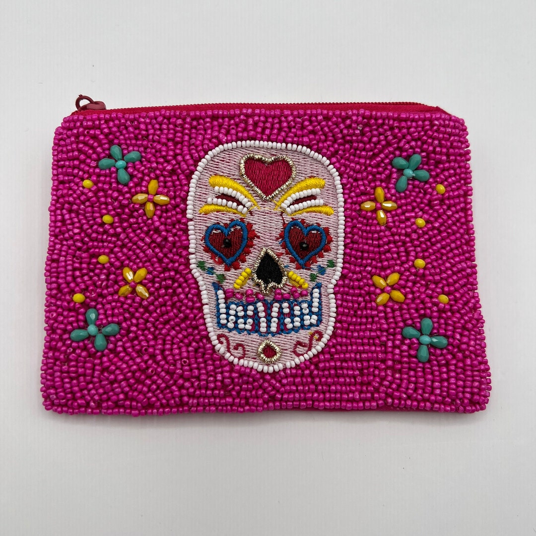 Hot Pink Skull Bag, Seed Beaded Coin Purse, Cute Skull, Pink Coin Purse ...