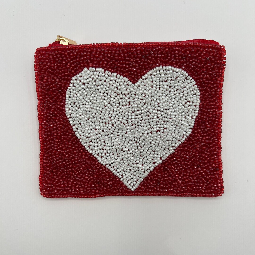 Red Seed Beaded Pouch Mini Red Bag White Heart Mini Pouch Valentines ...