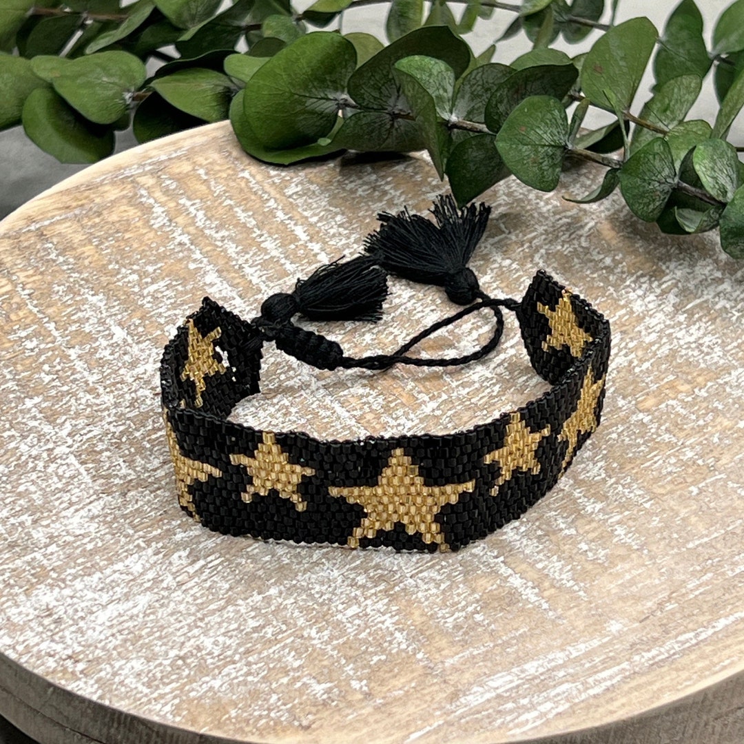 Black and Gold Star Beaded Adjustable Bracelet, Star Bracelet, Pull ...