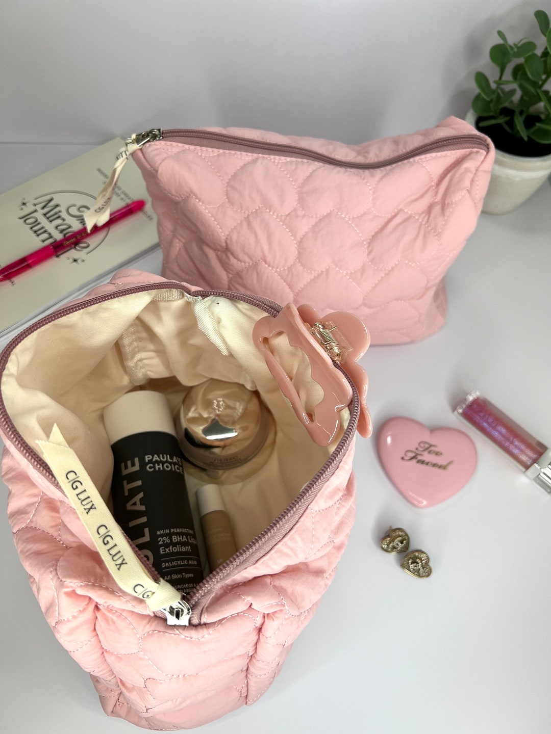 Large Pink Puffy Makeup Bag, Heart Print Makeup Bag, Everyday Makeup ...