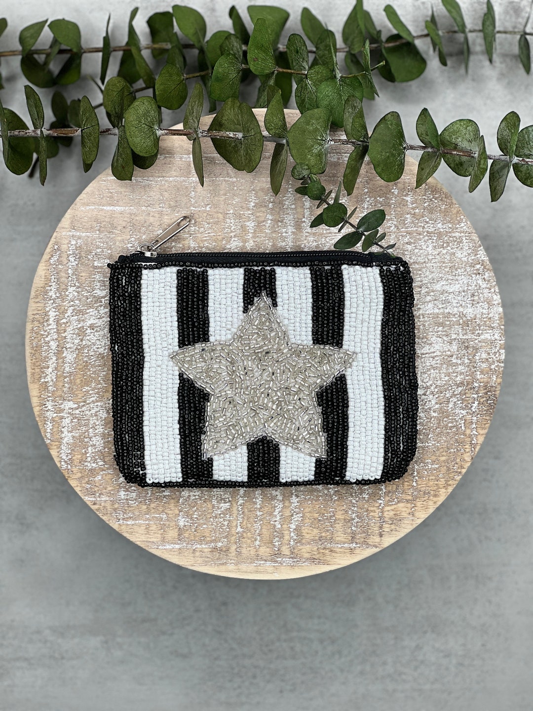 Black and White Striped Coin Purse With Silver Star, Seed Beaded Pouch ...