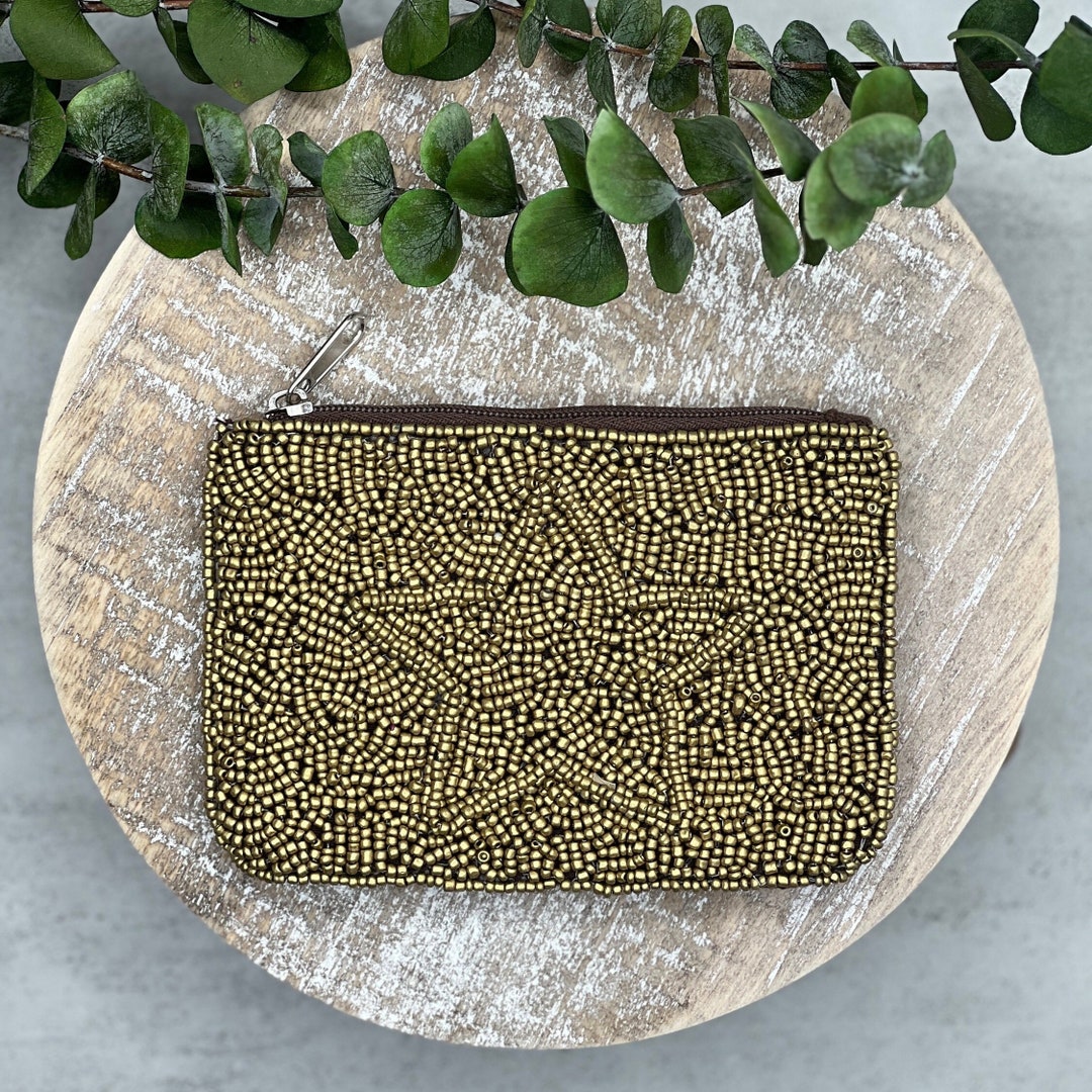 Gold Star Pouch, Seed Beaded Coin Purse, Gold Mini Pouch With Zipper ...