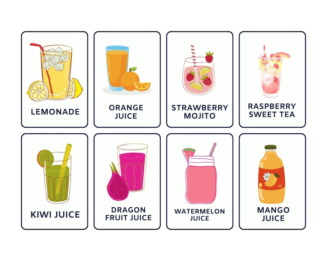 16 Fruit Juice Flashcards, Flash Cards Printable, for Kids Learning ...