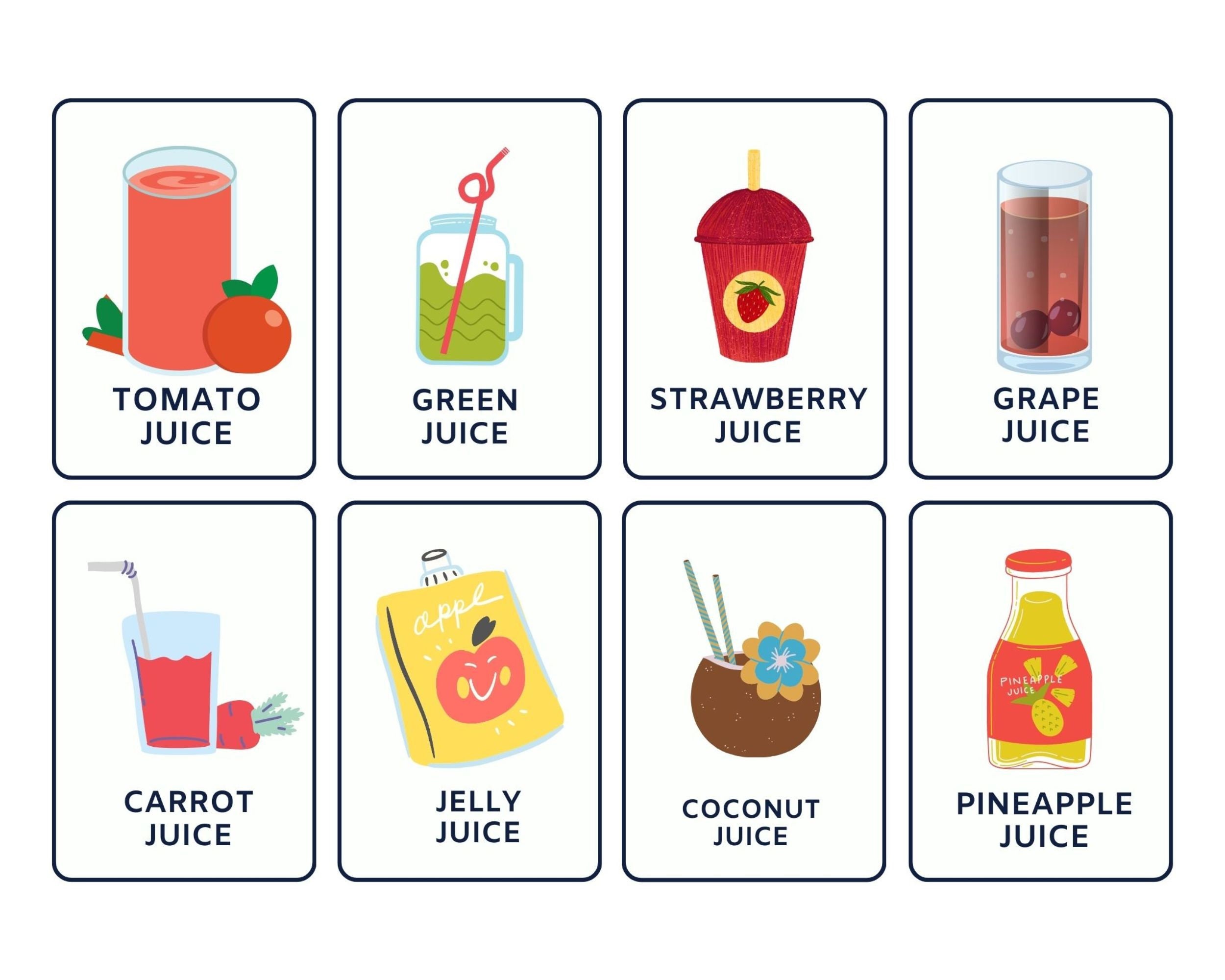 16 Fruit Juice Flashcards, Flash Cards Printable, for Kids Learning ...