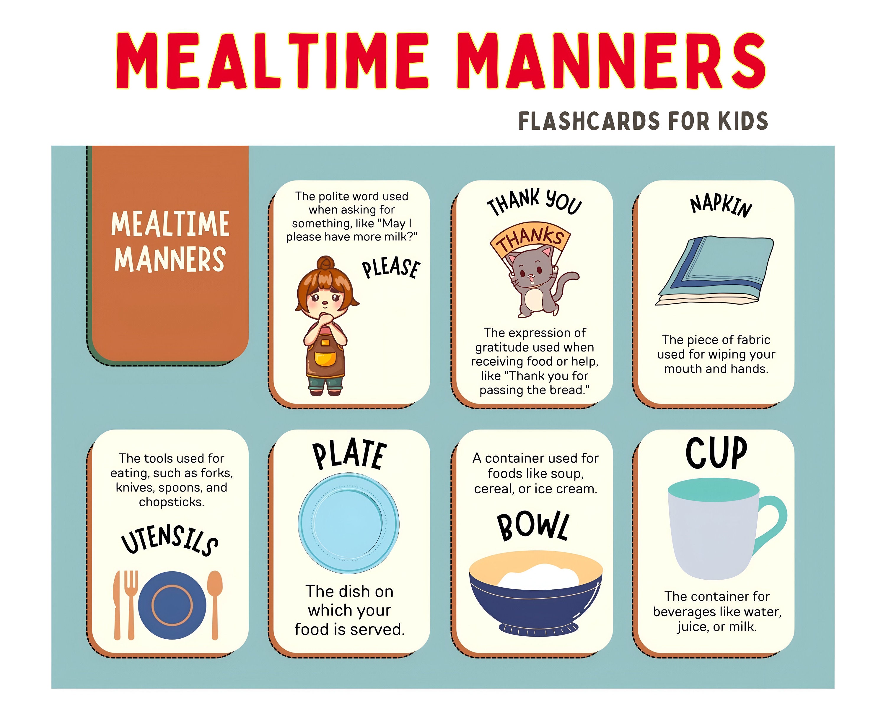 Mealtime Manners for Kids, Mealtime Flashcards, Eating Habits ...