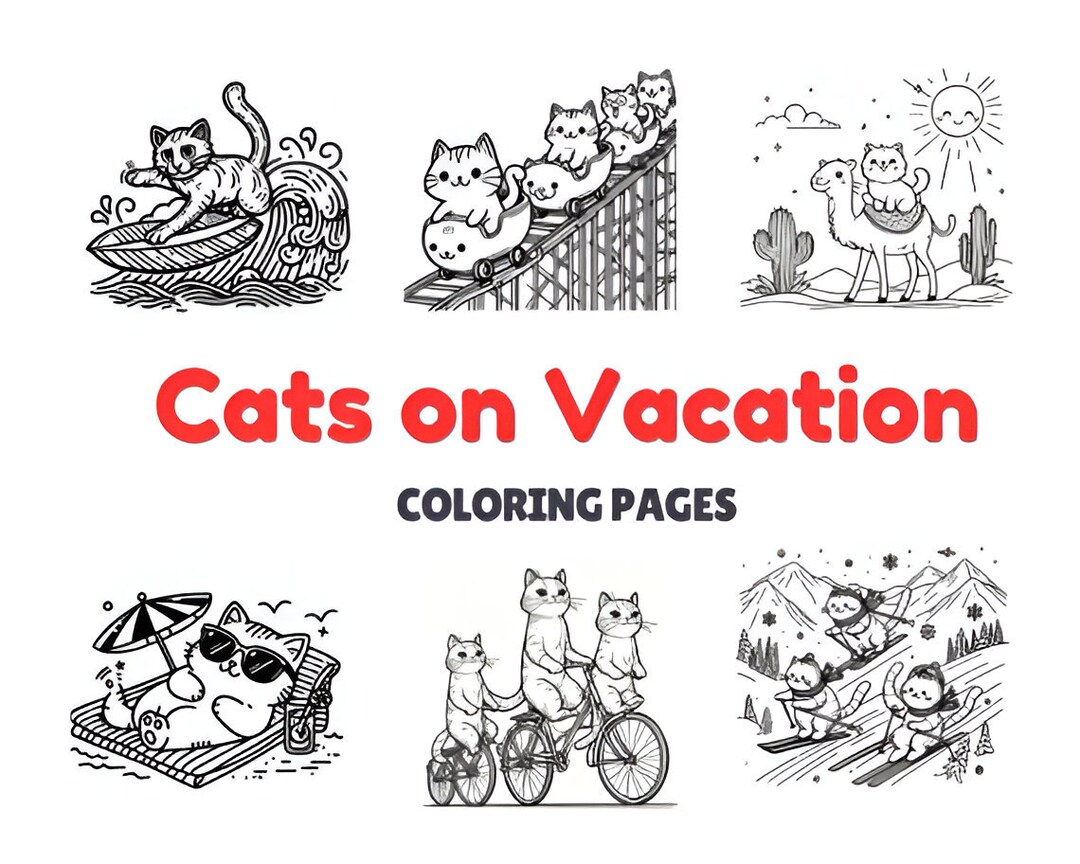 Cats on Vacation Coloring Pages, Cute Cats Coloring Pages, Coloring ...